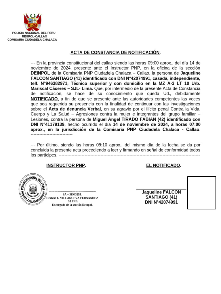 Acta de constancia de notificacion Lesiones | PDF