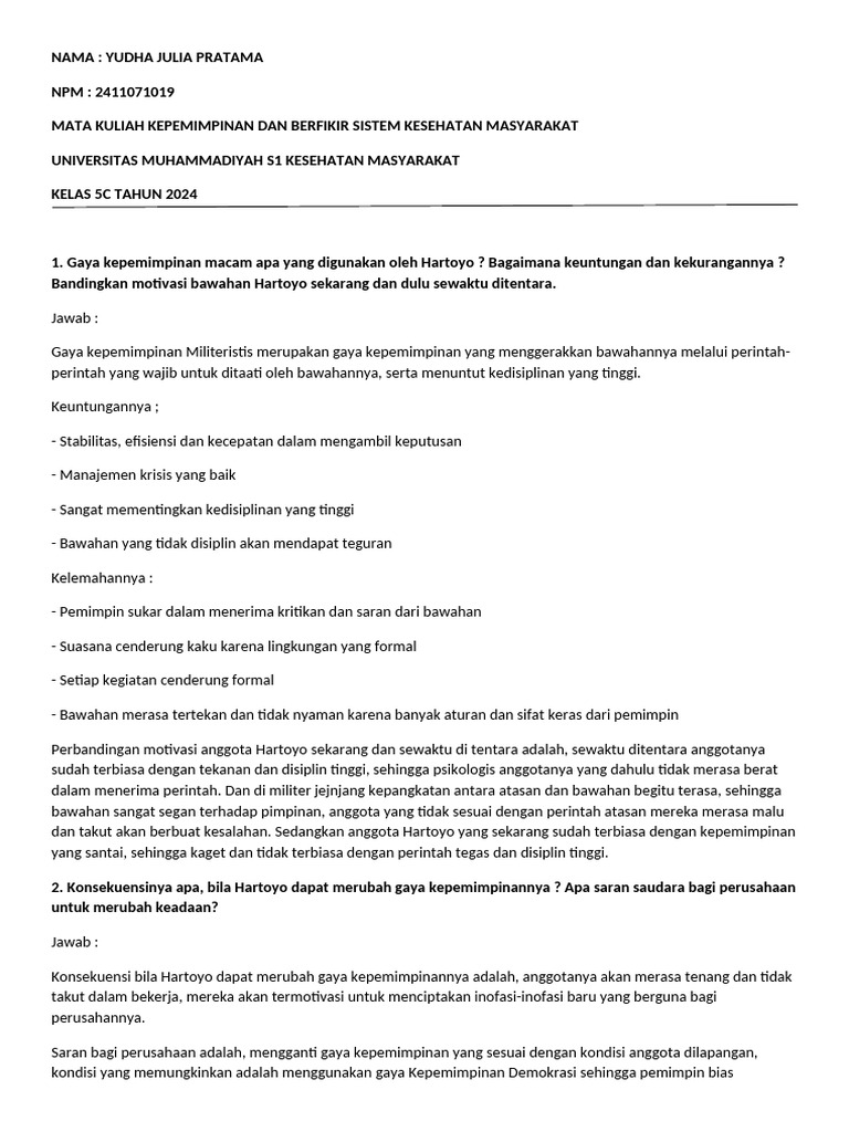 Gaya Kepemimpinan Hartoyo dan Dampaknya | PDF