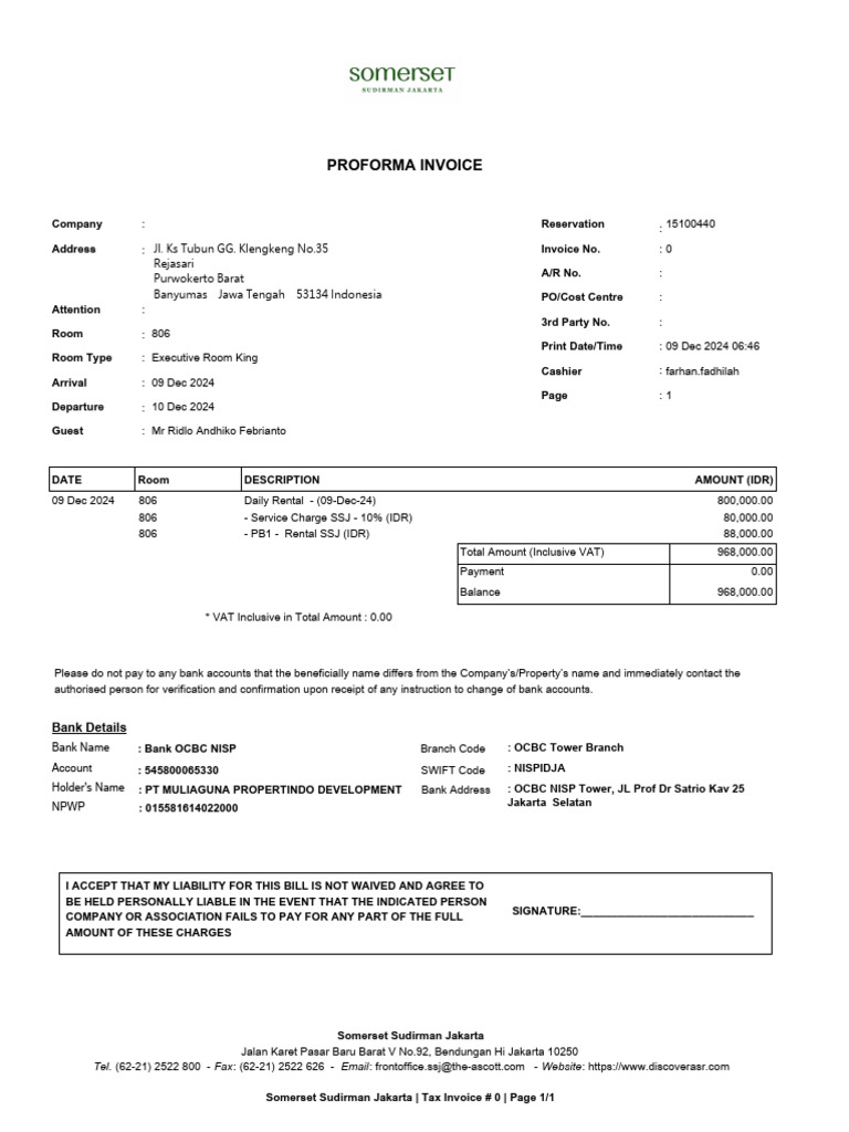Proforma Invoice - Mr. Ridlo Andhiko Febrianto 9-10 Dec 2024 | PDF ...