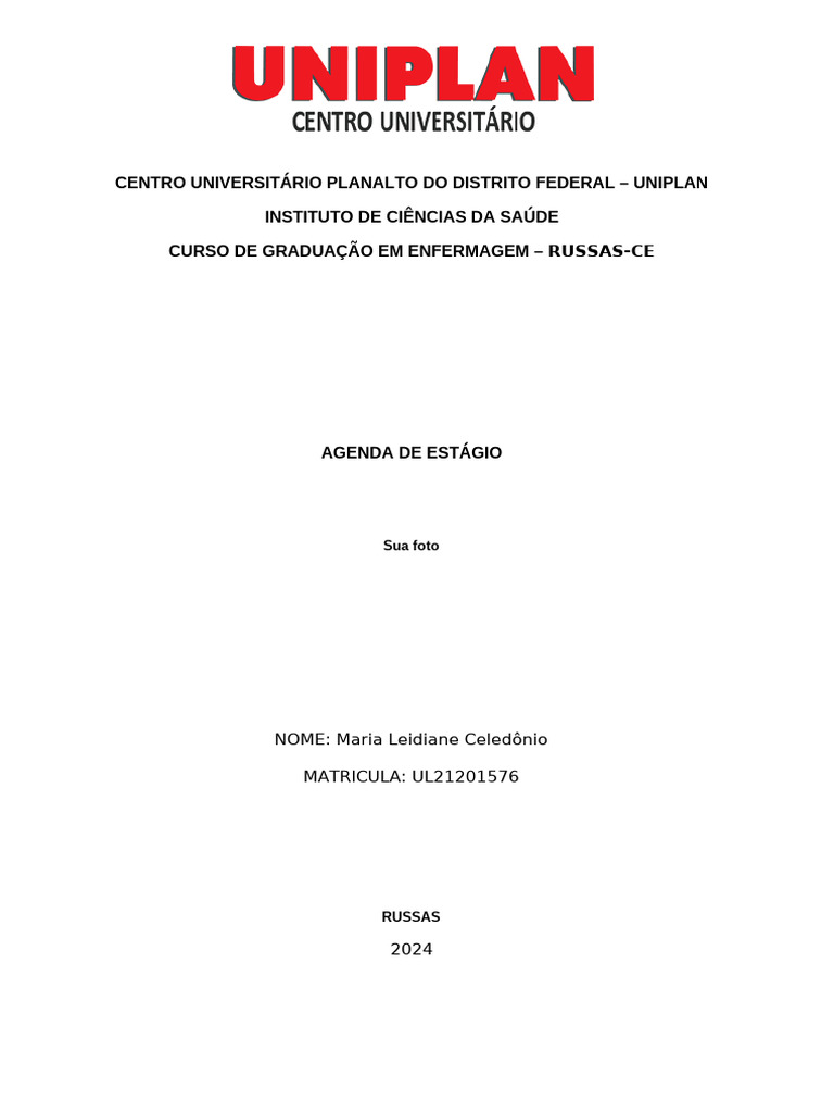Modelo de Relatorio de Estágio Uniplan. | PDF | Enfermagem | Science