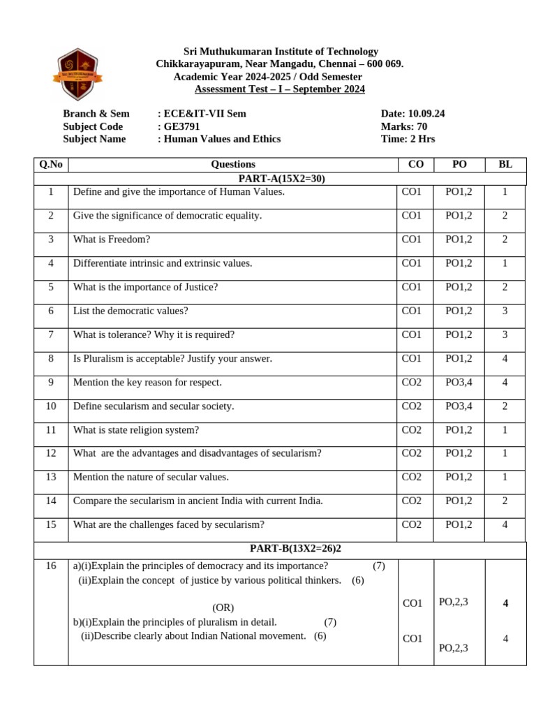 GE3791-HVEAT-I QP Set-I-2 | PDF | Secularism | Political Science