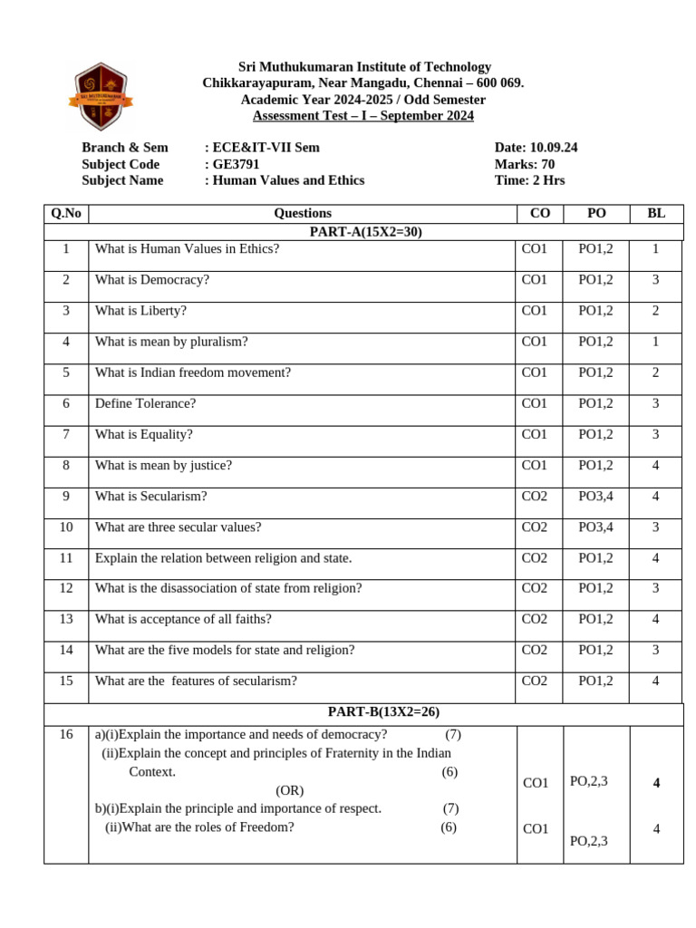 GE3791-HVEAT-I QP Set-I | PDF | Secularism | Political Science