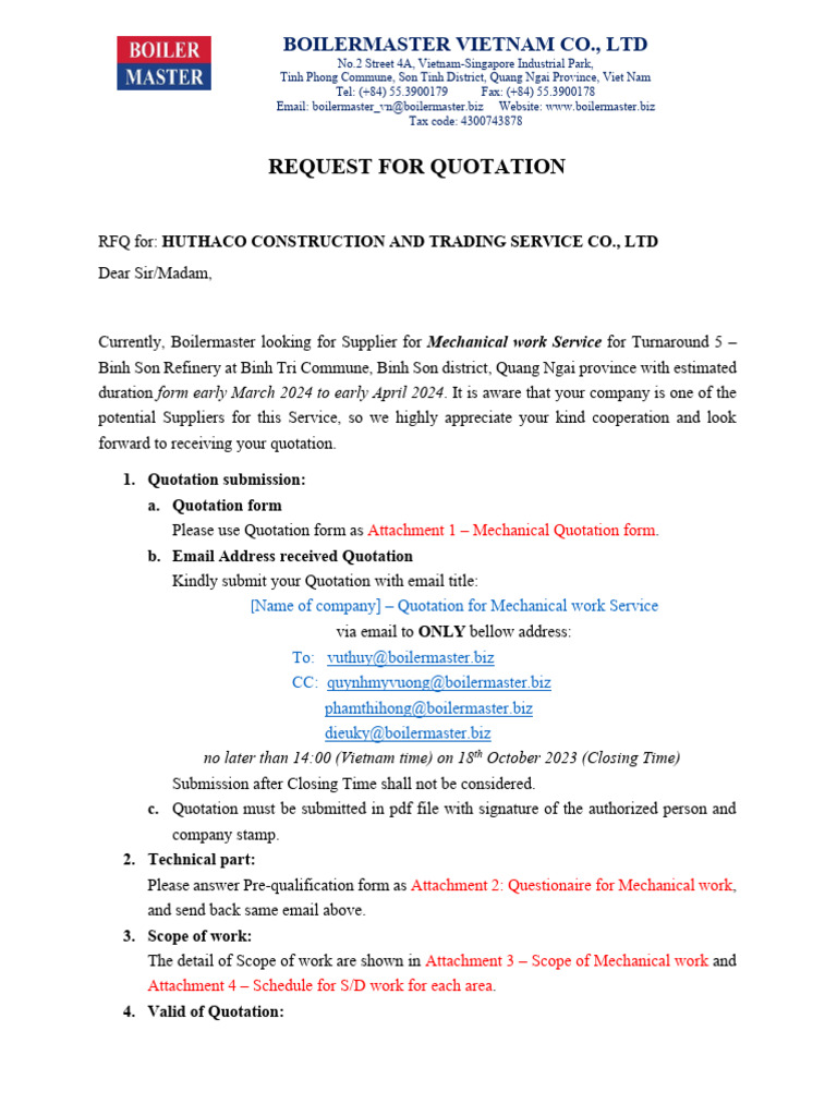RFQ Form For Mechanical Work - HTC | PDF
