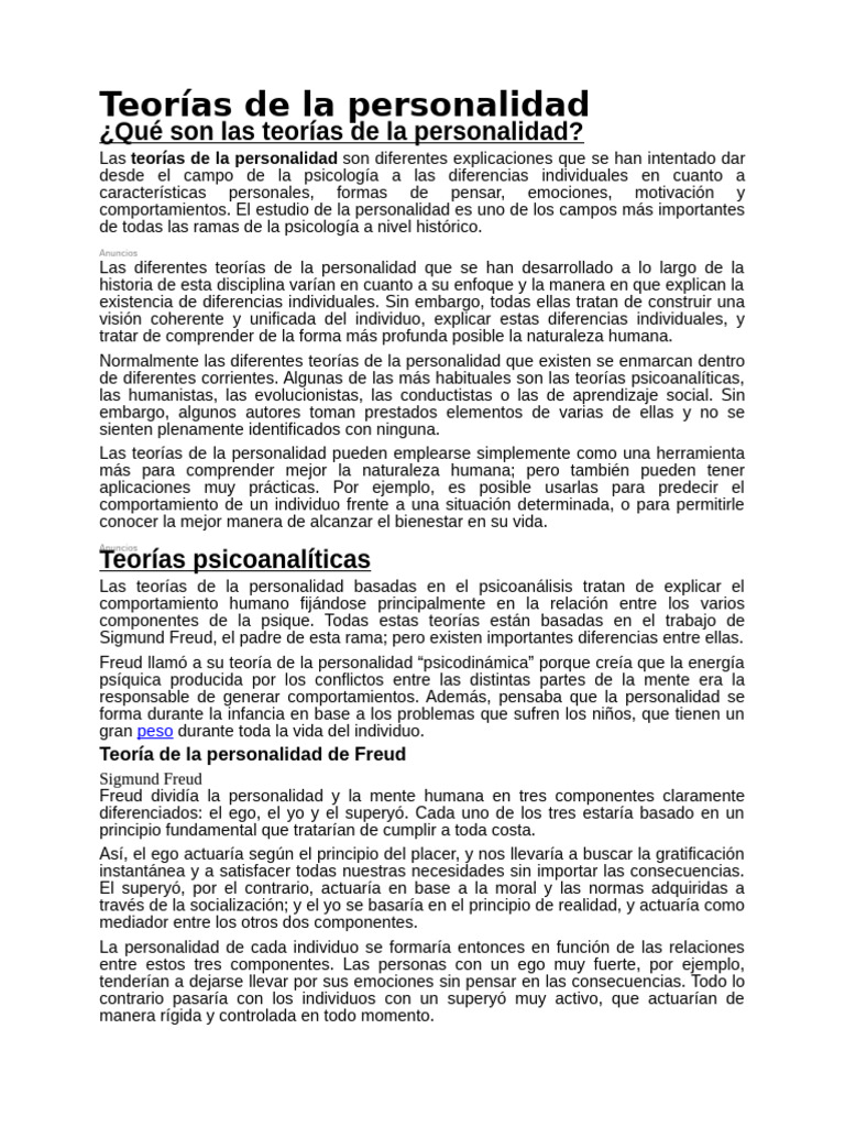 14 Teorías de La Personalidad | PDF | Psicología de la personalidad ...