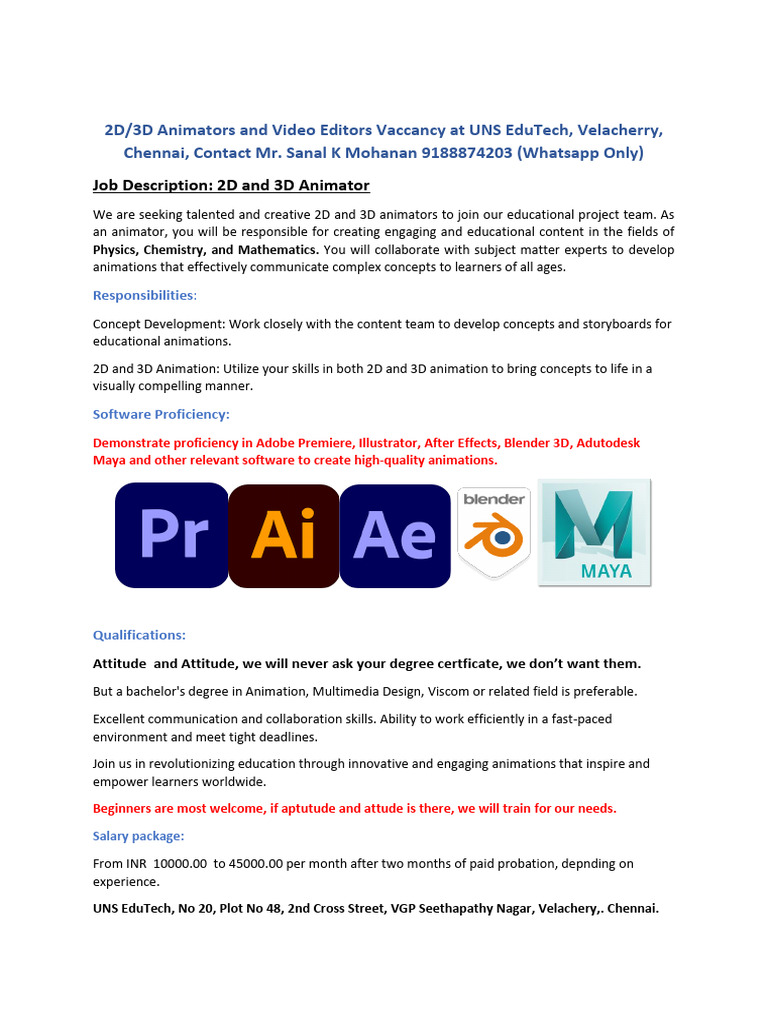 Job Description 2 D and 3D Animator | PDF