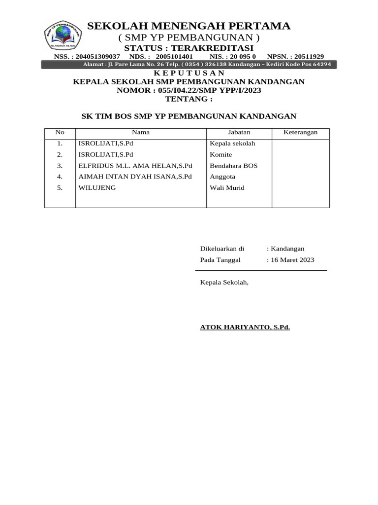 SK Tim Bos SMP Yp Pembangunan Kandangan | PDF