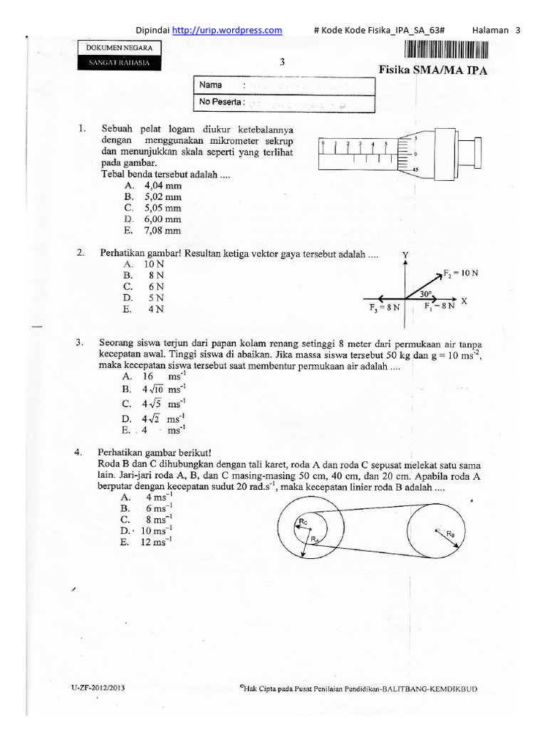 Soal Un Fisika Sma Ipa 2013 Kode Fisika Ipa Sa 63 | PDF