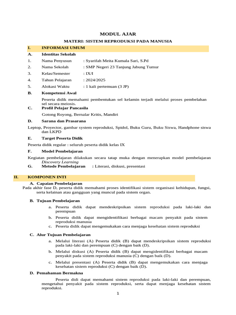 Modul Ajar Ilmu Pengetahuan Alam (IPA) - MODUL SISTEM REPRODUKSI - Fase ...