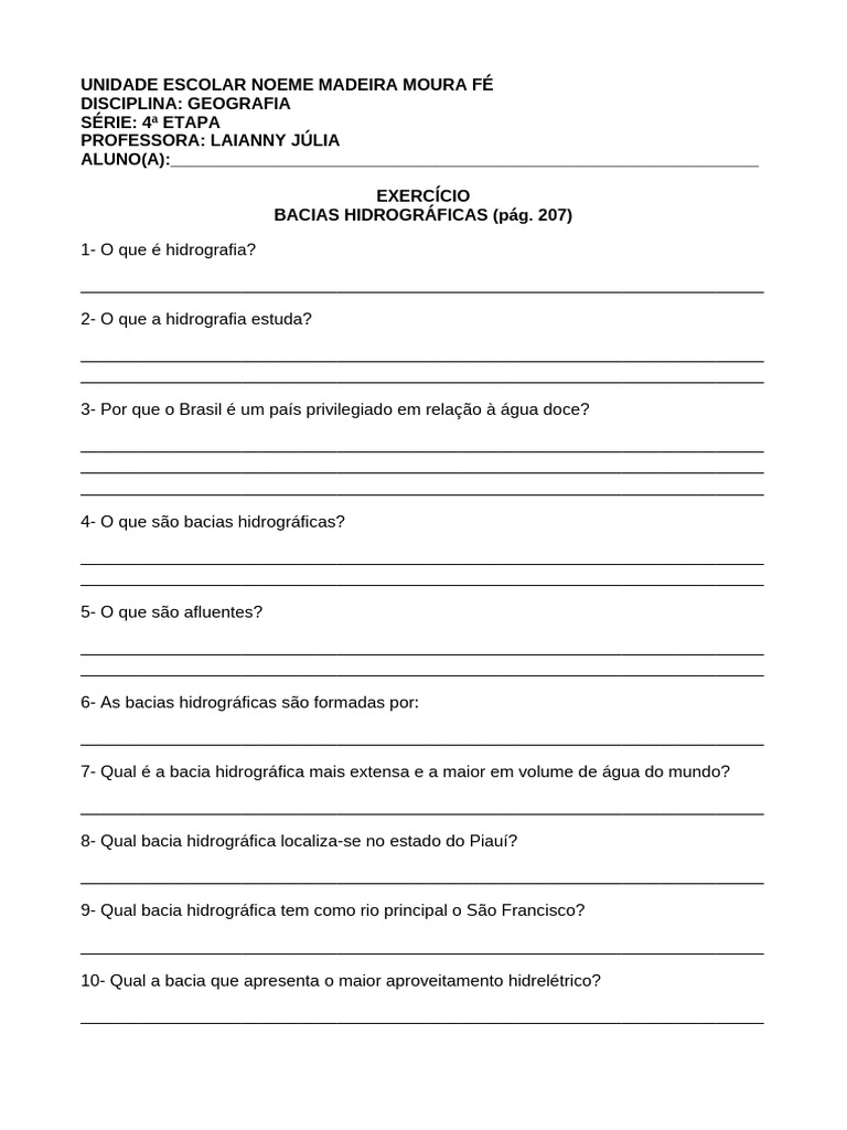 Atividade - Bacias Hidrográficas | PDF