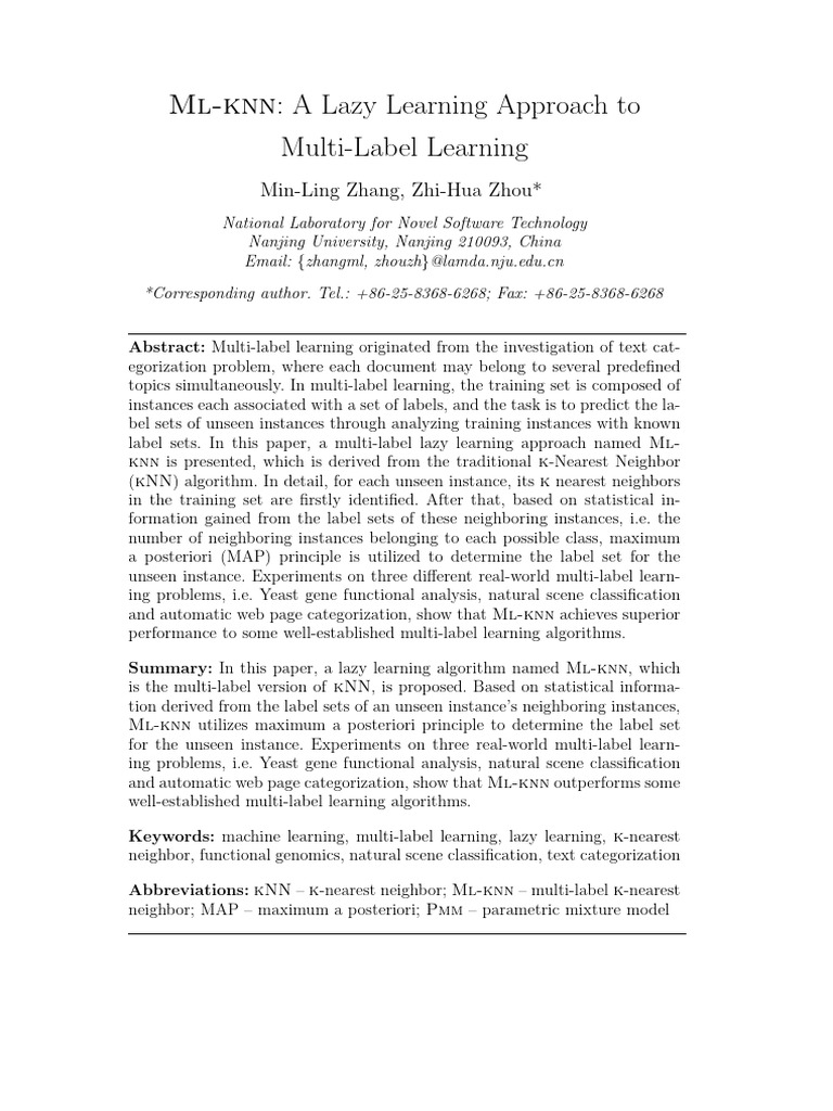 Ml Knn A Lazy Learning Approach To Multi Label Learning Pdf Statistical Classification