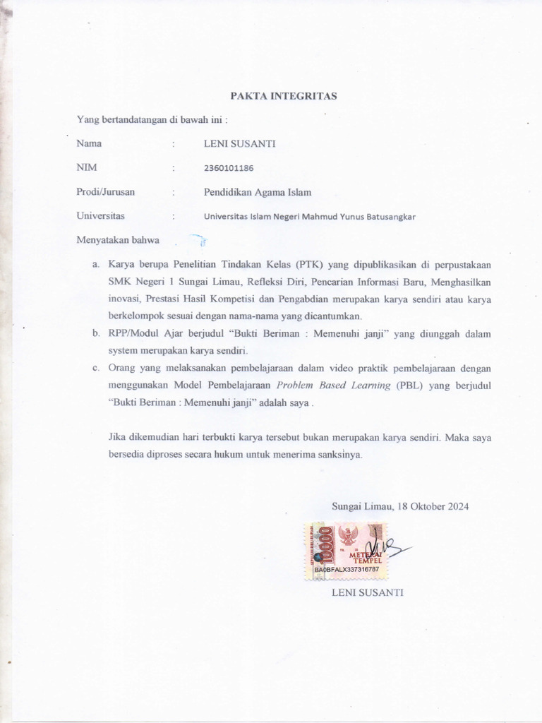 Pakta Integritas Leni Susanti | PDF