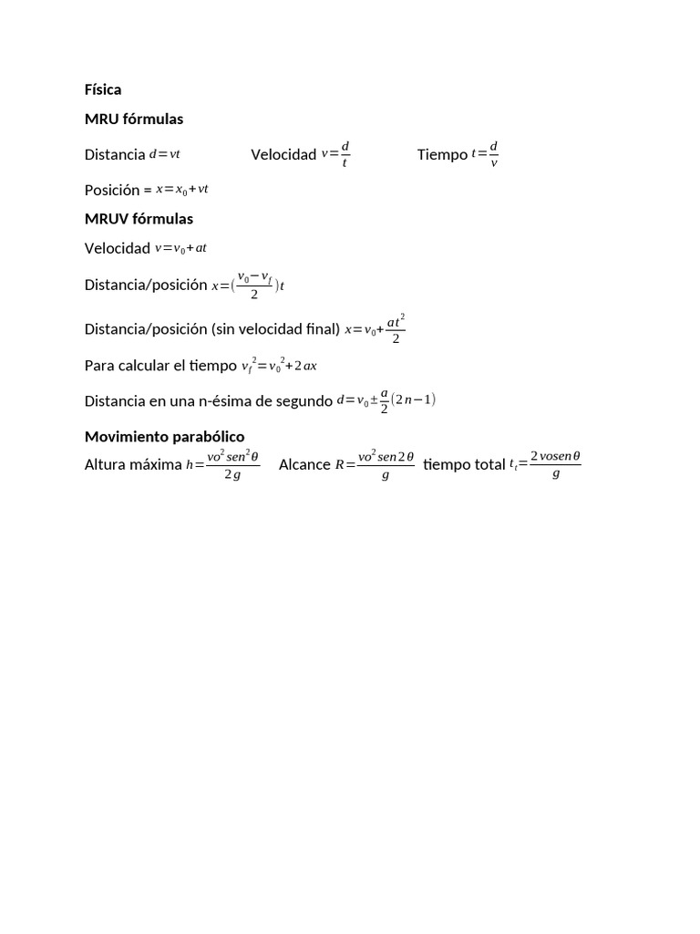 Fórmulas de Movimiento en Física | PDF