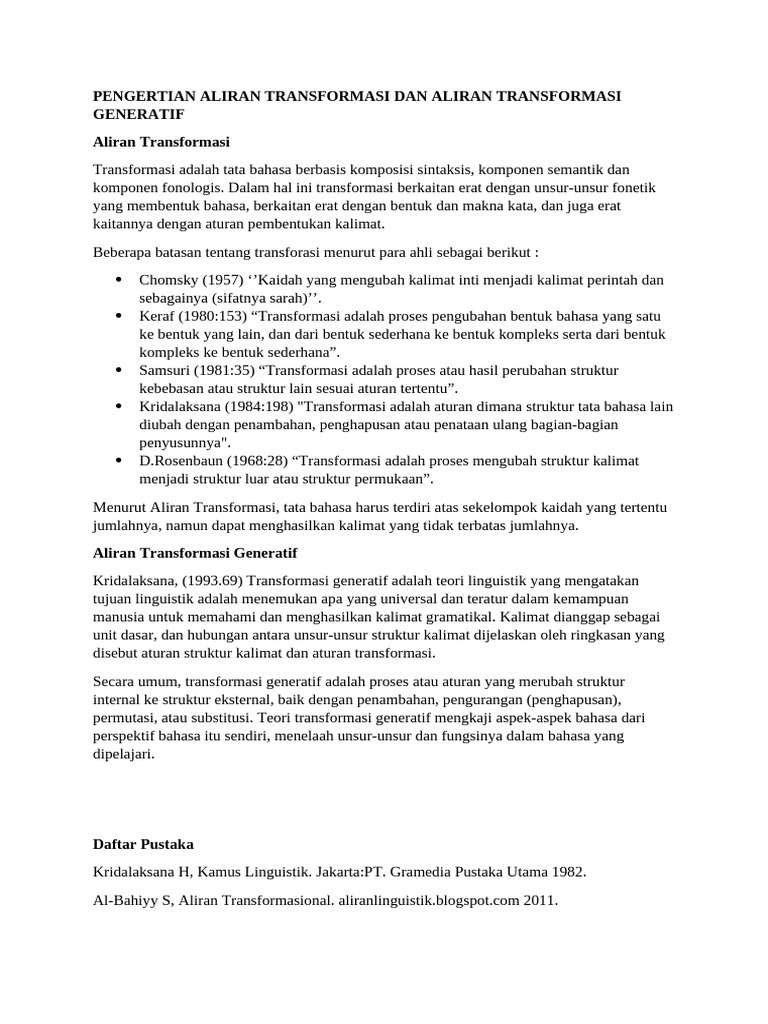 Pengertian Aliran Transformasi Dan Aliran Transformasi Generatif | PDF