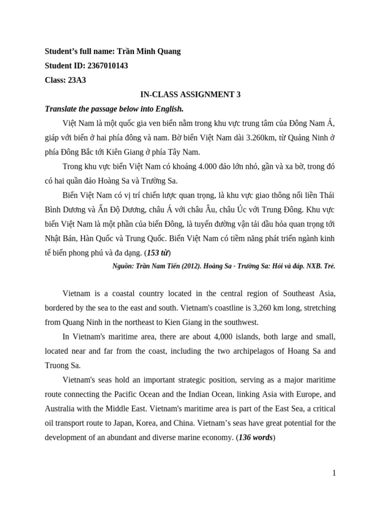 In-Class Assignment 3 - Tran Minh Quang | PDF