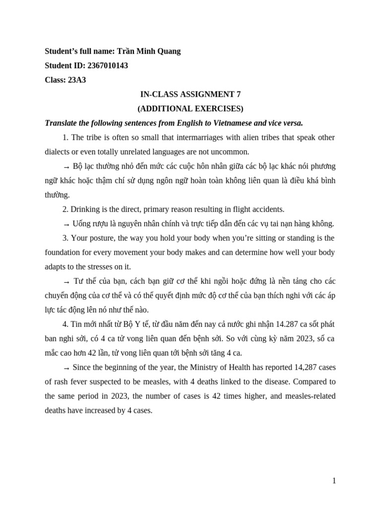 In-Class Assignment 7 (Additional Exercises) - Tran Minh Quang | PDF