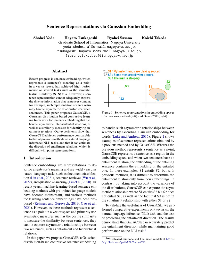 Sentence Representations Via Gaussian Embedding: Shohei Yoda Hayato Tsukagoshi Ryohei Sasano ...