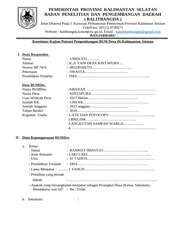 Draft Kuesioner Penelitian BUMDes Prov Kalsel | PDF