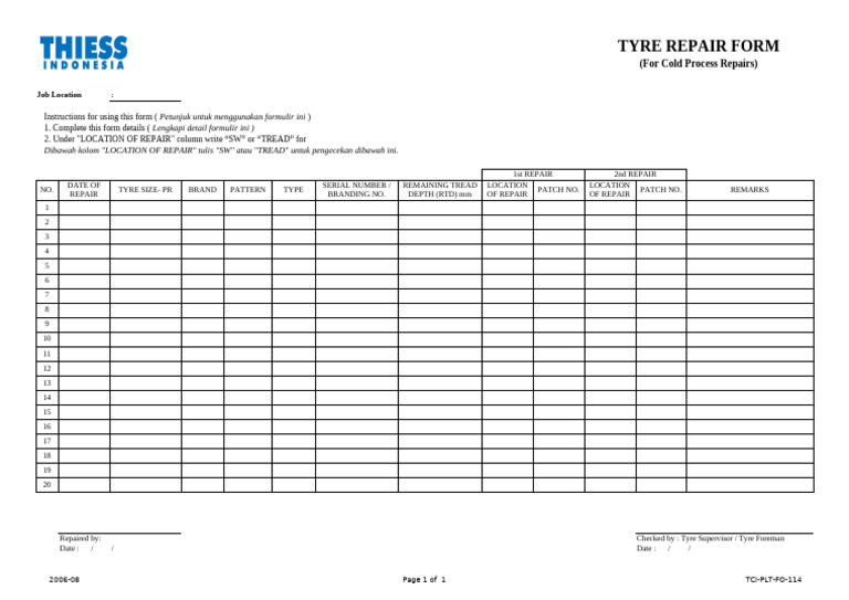 TCI-PLT-FO-114 Tyre Repair Form (Cold Process) | PDF