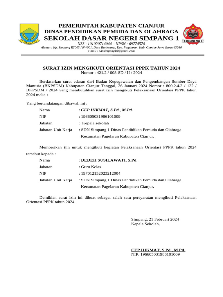 Surat Ijin Mengikuti Orientasi PPPK Tahun 2024 | PDF