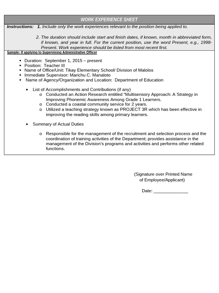 CS Form No. 212 Attachment - Work Experience Sheet | PDF