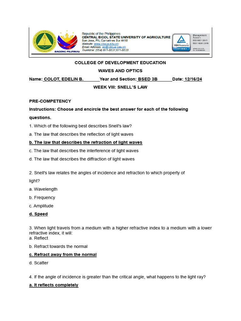 Colot - Edelin - Week 9 Pre Competency Assessment | PDF | Refraction ...