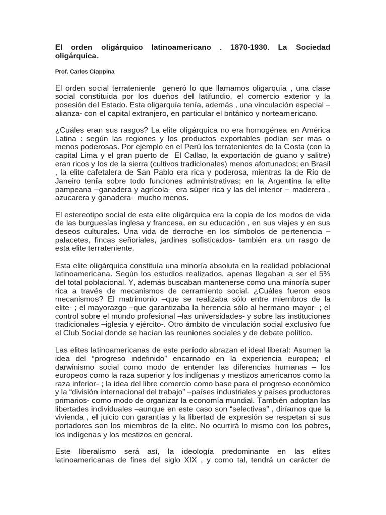 Oligarquía en América Latina: 1870-1930 | PDF | America latina ...