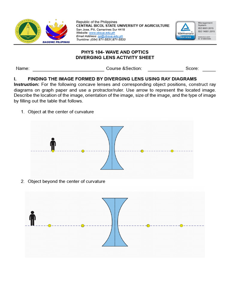 Diverging Lens Activity Sheet | PDF