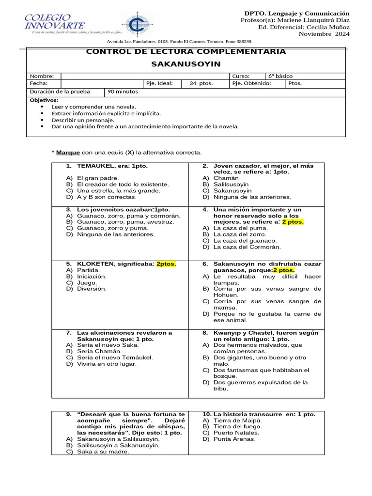 Control de Lectura Complementaria Sakanusoyin Oficial | PDF