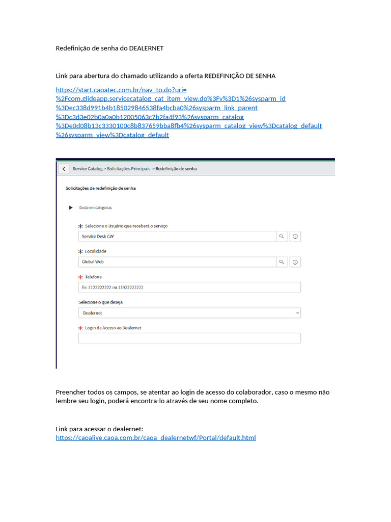 Redefinição de Senha Do DEALERNET | PDF