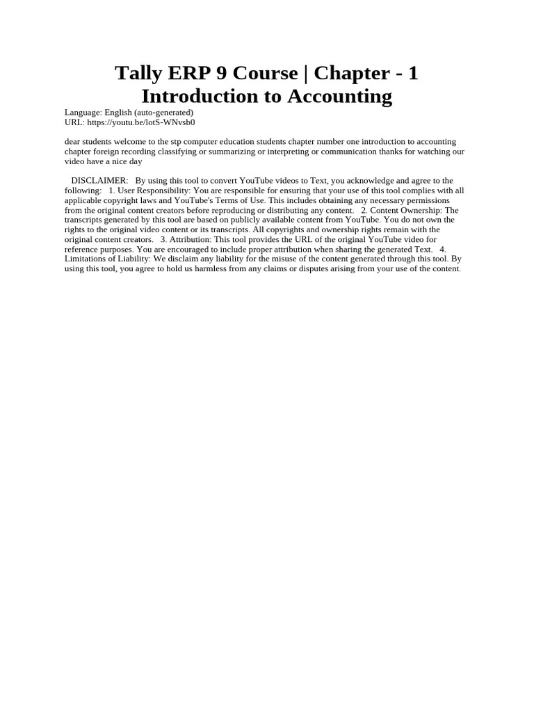 Tally ERP 9 Course - Chapter - 1 Introduction To Accounting - (English (Auto-Generated) ) | PDF