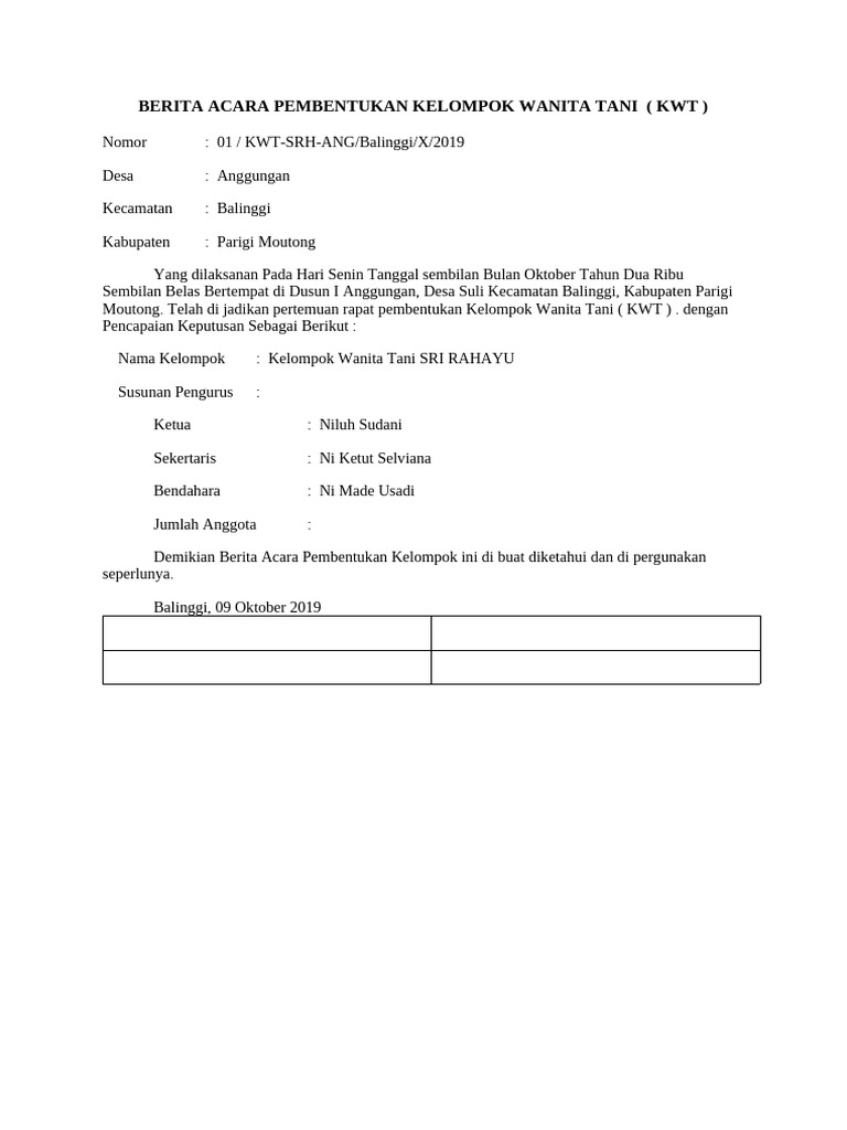 Berita Acara Pembentukan KWT | PDF