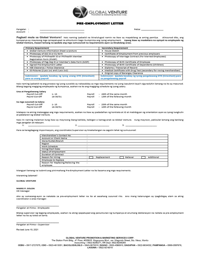 NEW PRE-EMPLOYMENT LETTER_Full Accounts | PDF