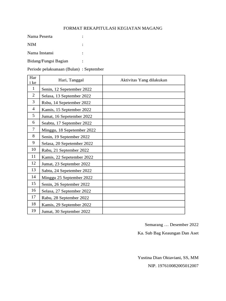 FORMAT REKAPITULASI KEGIATAN MAGANG | PDF