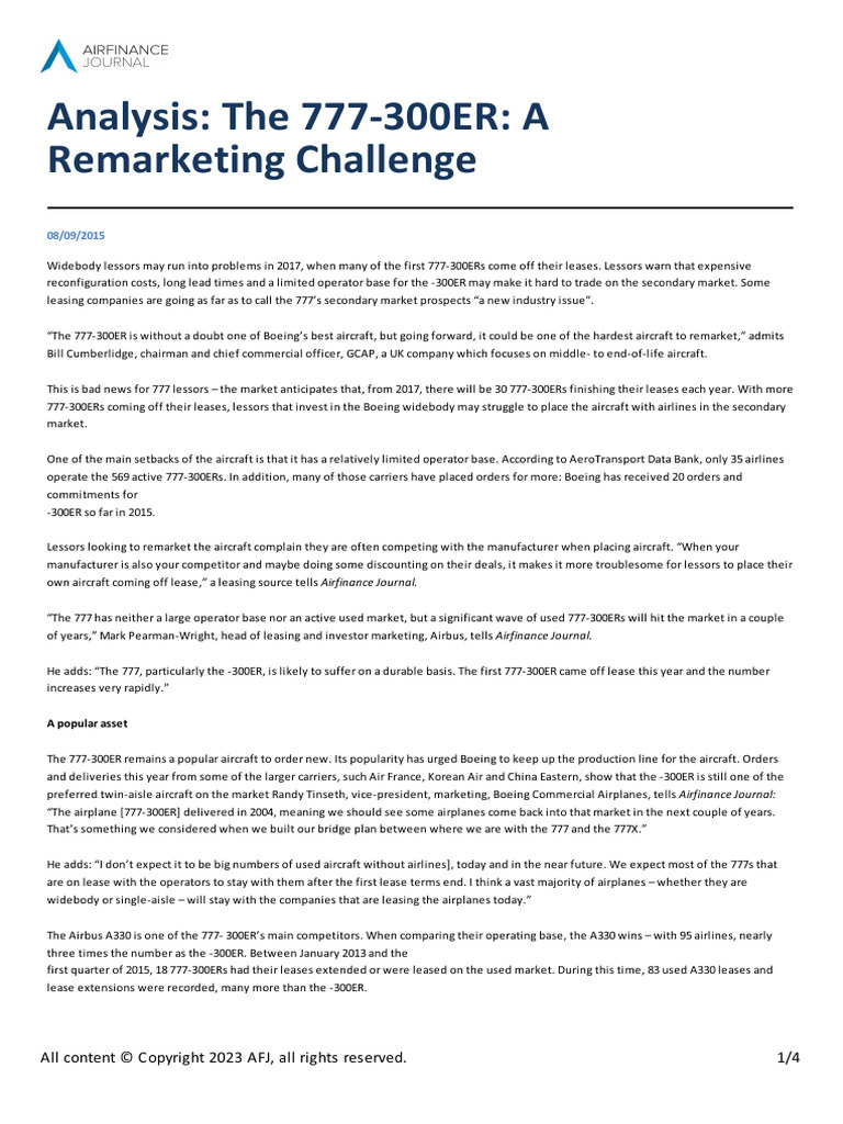AFJ - Analysis_ the 777-300ER_ a Remarketing Challenge | PDF | Aviation | Aircraft