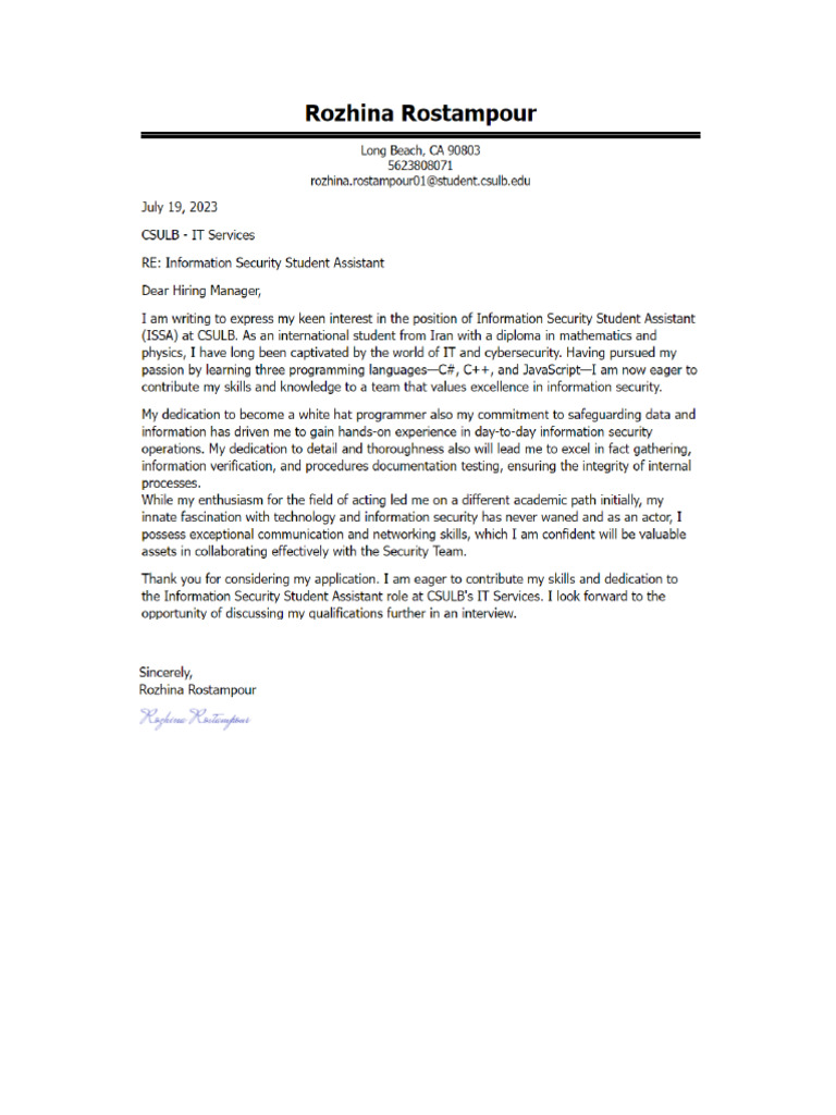 Cover Letter (ISSA) | PDF