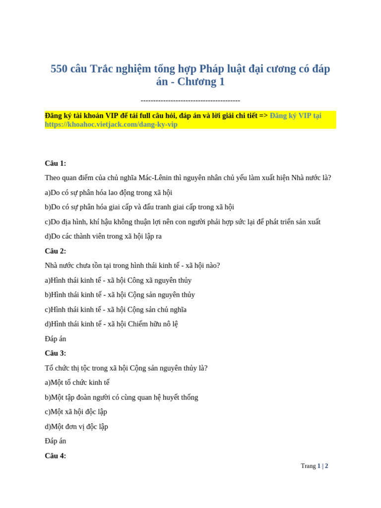 550 Cau Trac Nghiem Tong Hop Phap Luat Dai Cuong Co Dap An Chuong 1 2024-12-17 | PDF