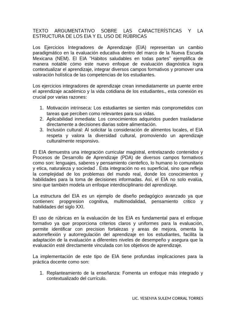 Texto Argumentativo Sobre Las Características y La Estructura de Los Eia y El Uso de Rúbricas ...