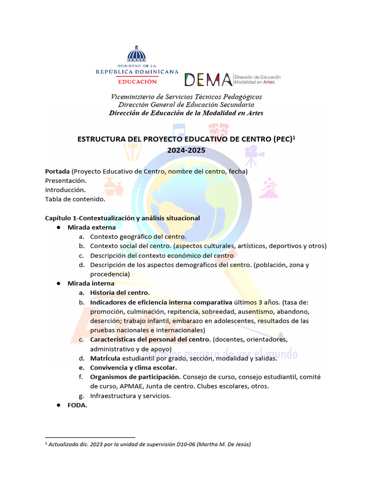 Estructura del Proyecto Educativo 2024-2025 | PDF | Enseñando ...