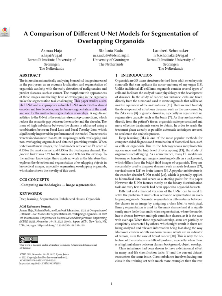 Haja2024 - A Comparison of Different U-Net Models For Segmentation of Overlapping Organoids ...