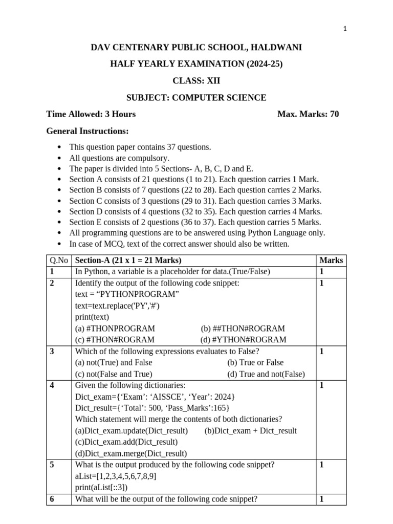 Computer Science Class Xii Question Paper Hy Exam 2024-25 | PDF | Computer Network | Parameter ...