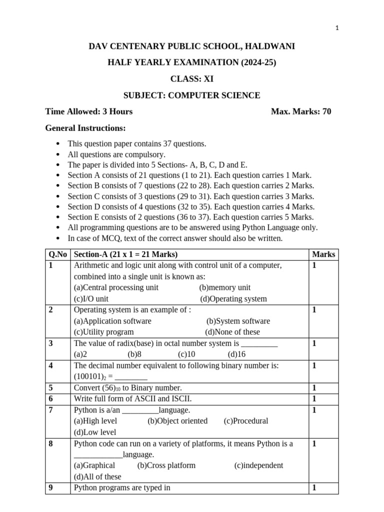 Computer Science Class Xi Question Paper Hy Exam 2024 25 Pdf Control Flow Python 