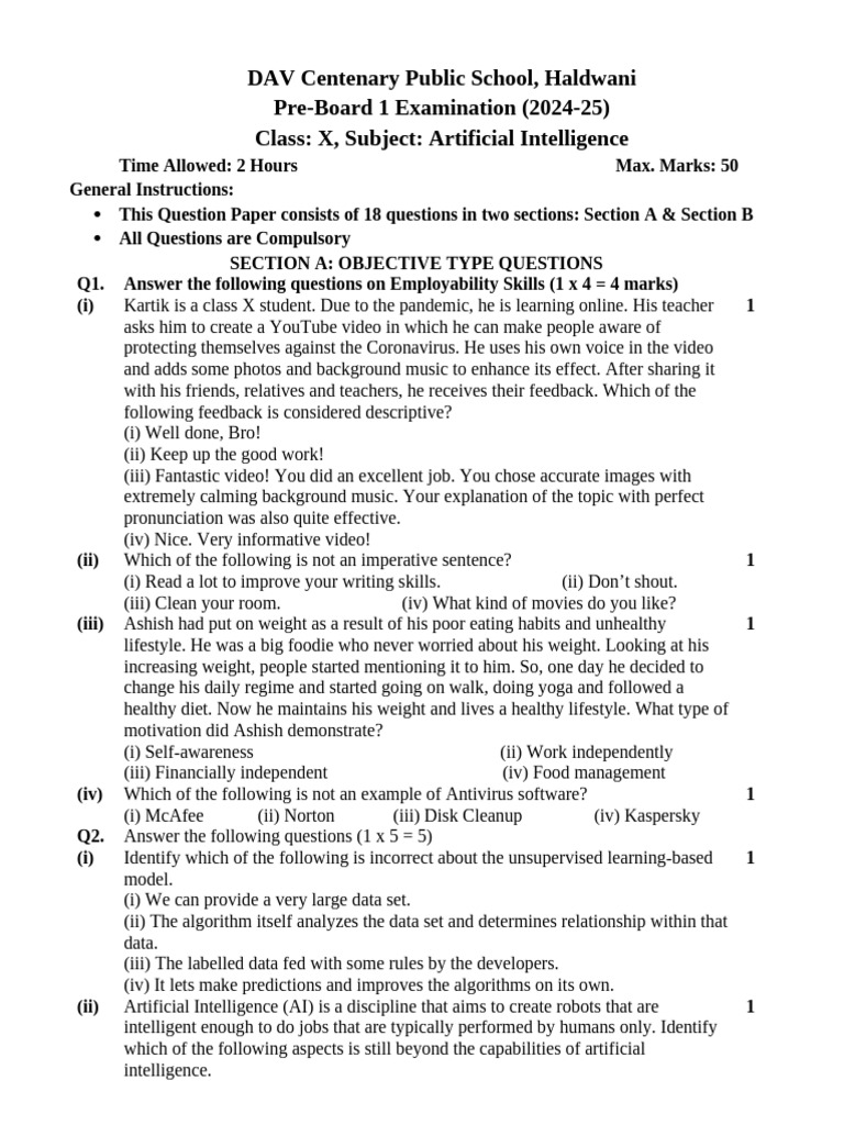 AI_PRE-BOARD_EXAM_1_QUESTION_PAPER_X_2024 - Copy | PDF | Artificial Intelligence | Intelligence ...