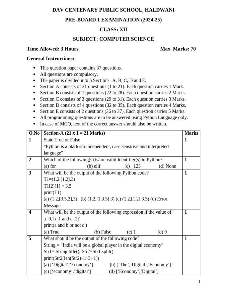 Class XII Computer Science Pre-Board Exam | PDF | Computer Data | Computer Programming