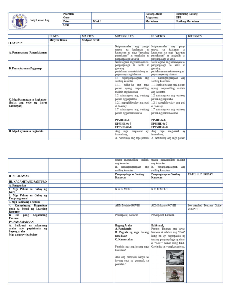 DLL Week 1-Q3 Epp | PDF