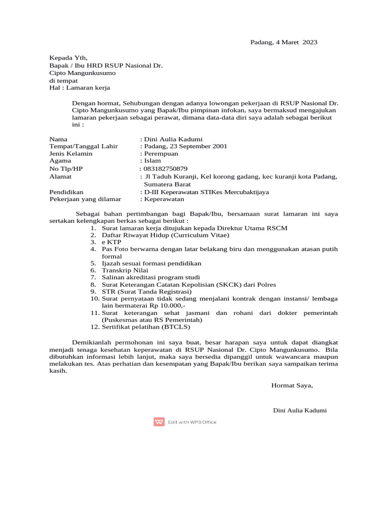 Surat lamaran deya RS DUREN SAWIT | PDF