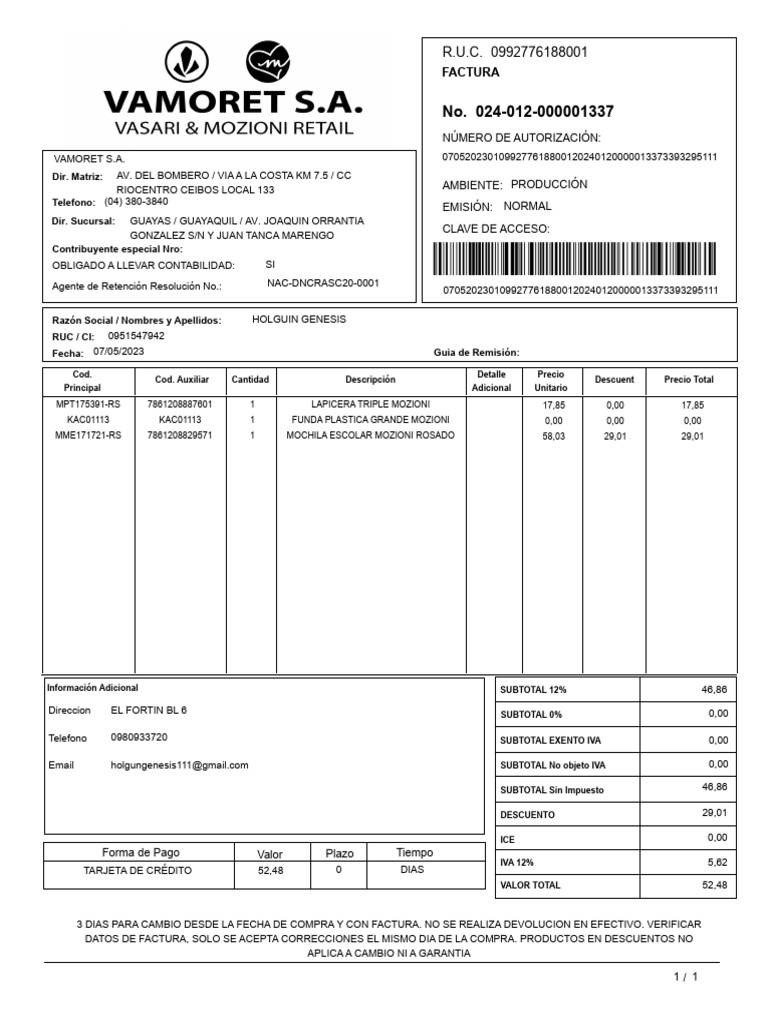 GRUPO PALMON_4_FACTURA_024-012-000001337 | PDF | Factura | Impuestos