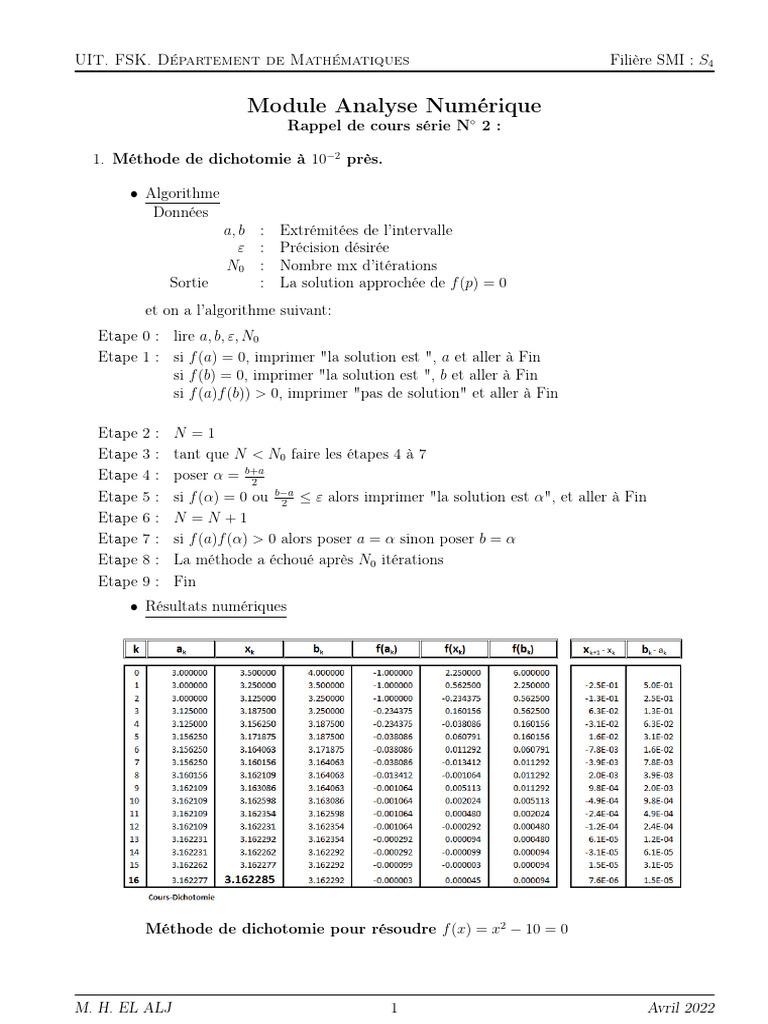 Module Analyse Numérique: Rappel de Cours Série N 2: Méthode de ...