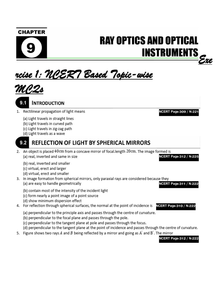 NCERT MCQs on Light and Mirrors | PDF | Refraction | Refractive Index