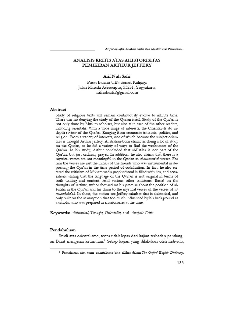 Kritis Pemikiran Arthur Jeffery | PDF