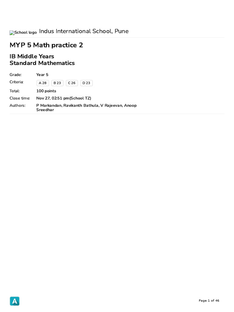 MYP 5 Math Practice 2 (XYQ62J) | PDF | Area | Triangle